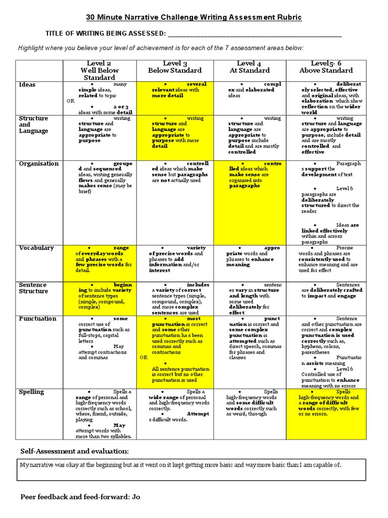 30 Minute Narrative Challenge Writing Assessment Rubric | PDF ...