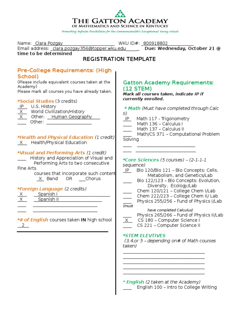 Registration Template Spring 2016 Juniors | PDF | Biology | Teaching ...