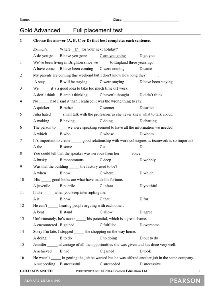 Gold Advanced Full Placement Test | PDF | Sports | Leisure