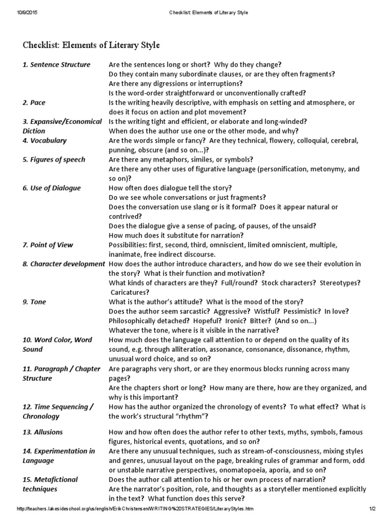 Checklist - Elements of Literary Style | PDF | Narration | Narrative