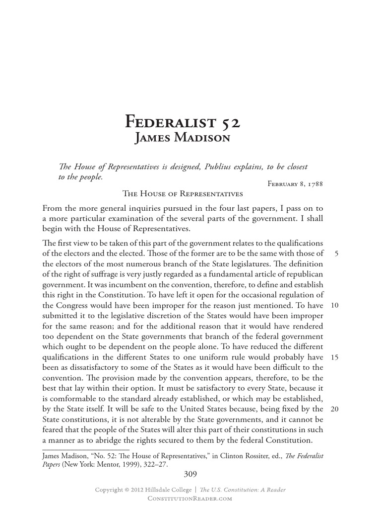 Federalist-52 Written by James Madison | The Federalist Papers | United ...