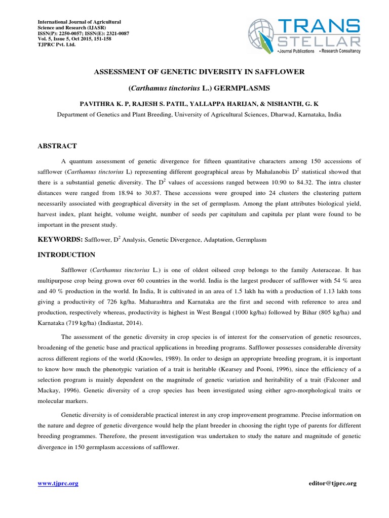 Agri Sci - IJASR - Assessment of Genetic Diversity in Safflower | PDF | Plant Breeding ...
