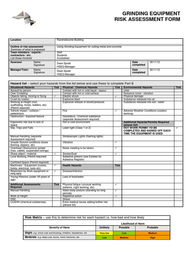 Grinding Equipment Risk Assessment | PDF | Risk | Safety