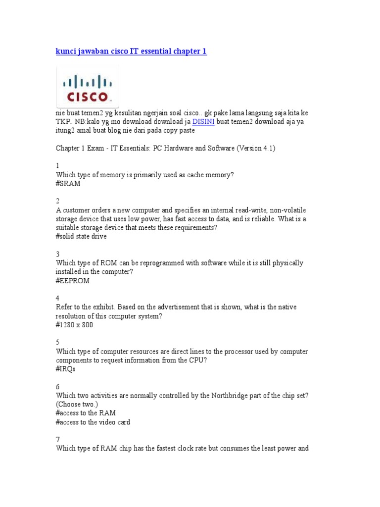Kunci Jawaban Cisco IT Essentdial Chapter 1 | PDF | Computer Data ...