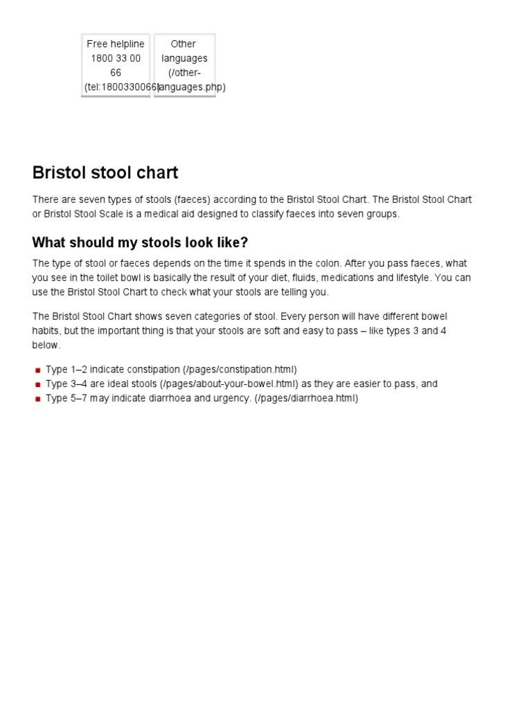Bristol Stool Chart Faecal Continence Foundation of Australia | PDF ...