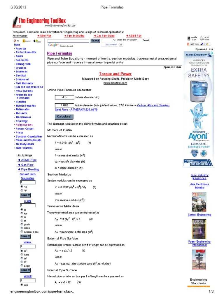 Pipe Formulas: Torque and Power | PDF | Pipe (Fluid Conveyance) | Chemistry