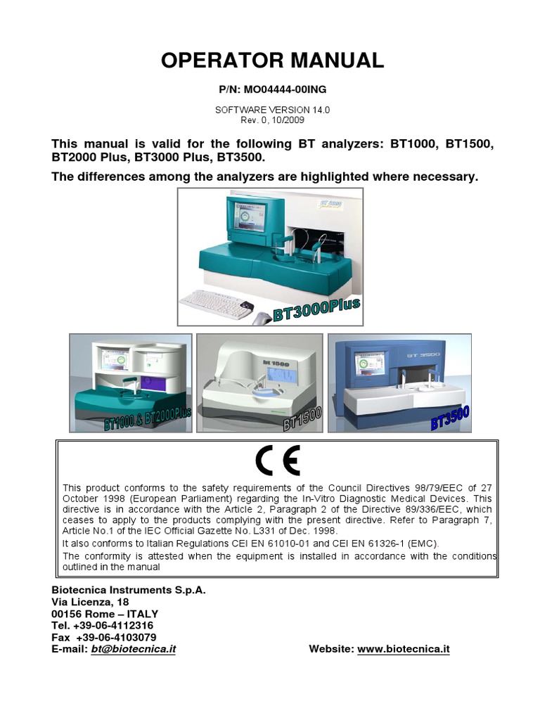O.M. - 14.0 - BT1000 - BT1500 - BT2000 Plus - BT3000 - Plus - BT3500 PDF | PDF | Absorbance ...
