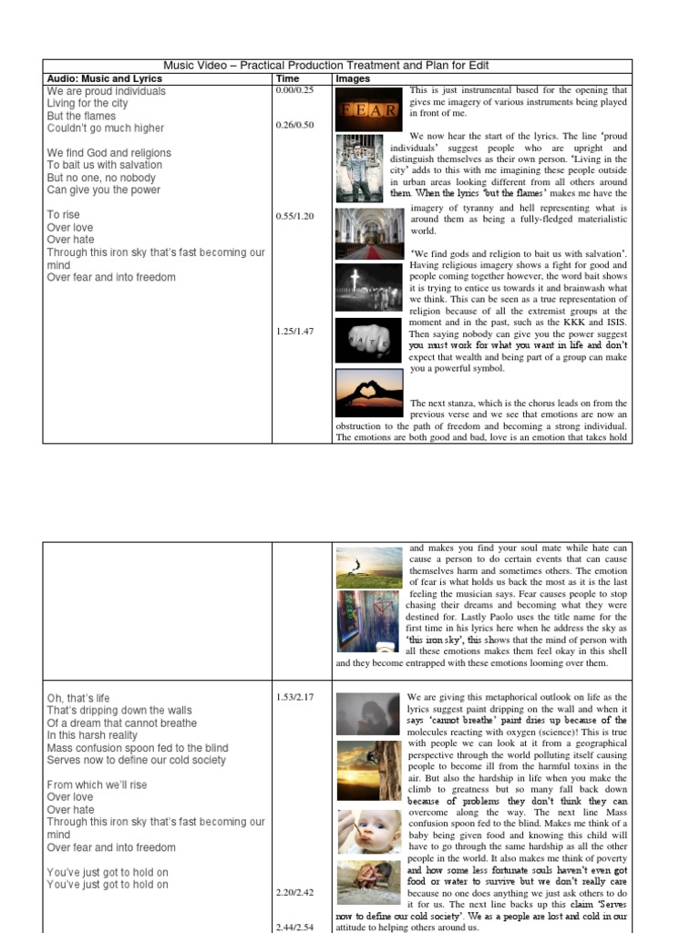 Music Video Production Treatment A2 | PDF | Suffering | Religion And Belief