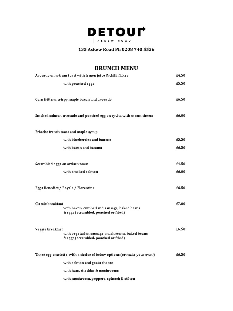 Detour Cafe Menu | PDF | Bacon | Sausage