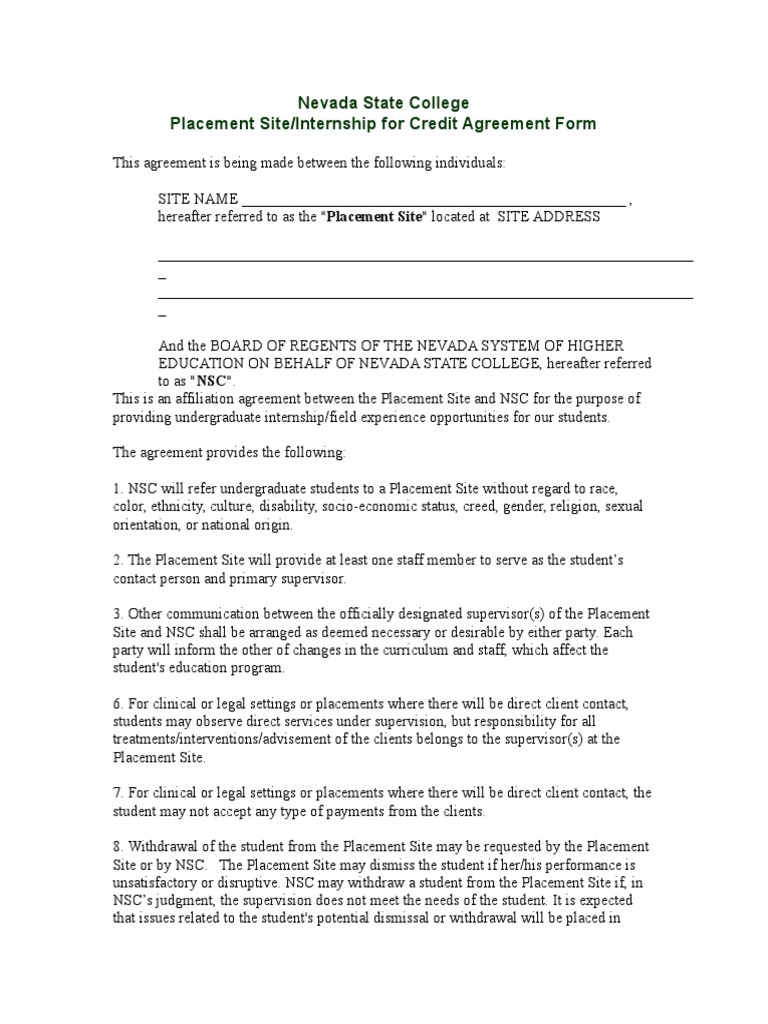 Nevada State College Internship Agreement | PDF | Internship | Job Hunting