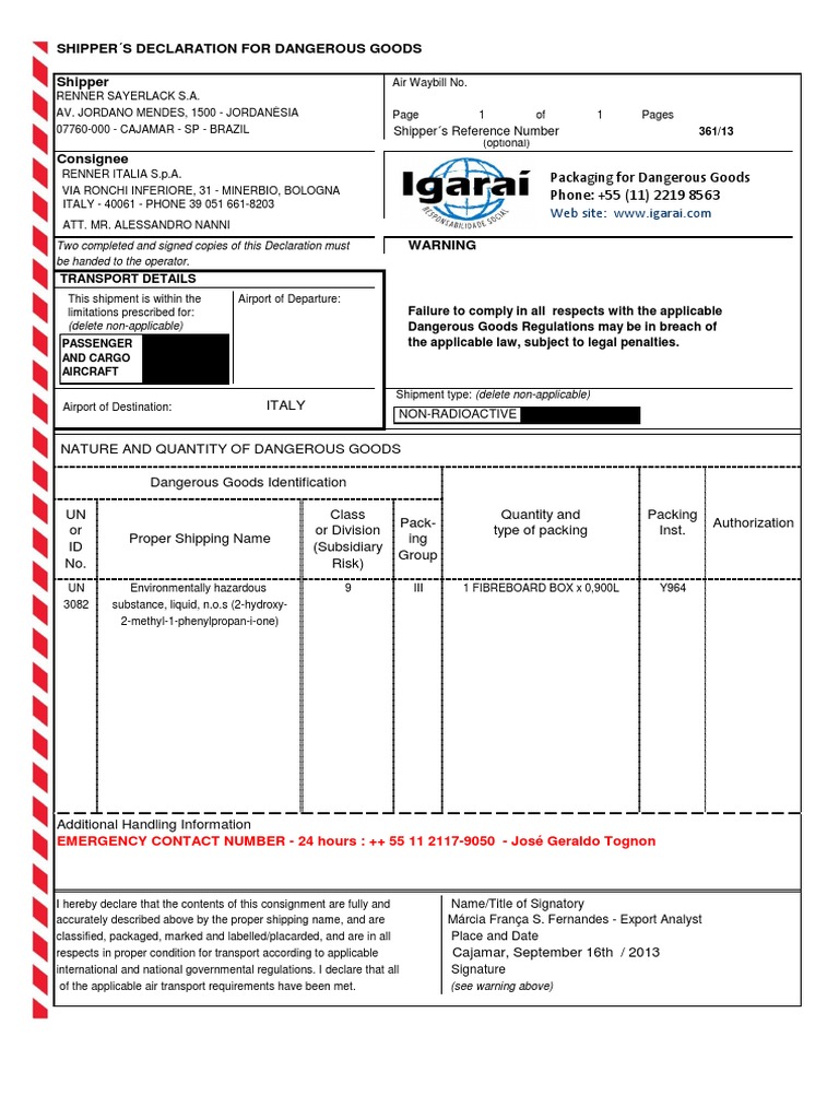Shipper's Declaration - Model PDF | PDF