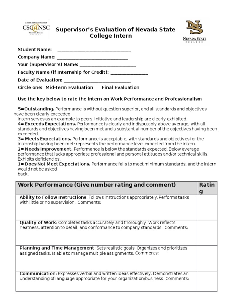 Internship Supervisor Evaluation Template | PDF | Internship | Job Hunting