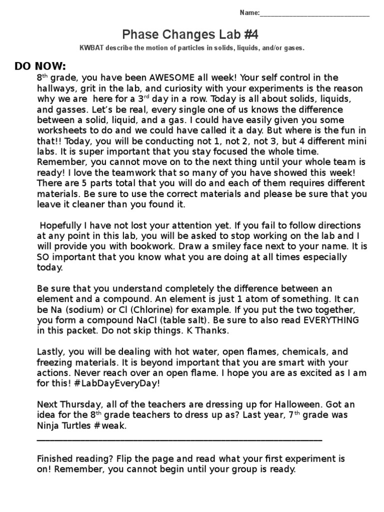 Phase Changes Lab #4: Do Now | PDF | Melting | Ice