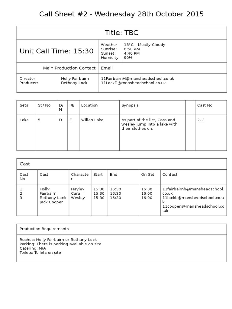 Call Sheet 2 | PDF