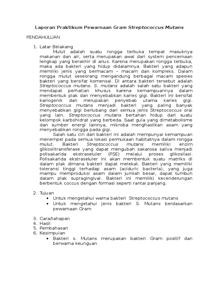 Laporan Praktikum Pewarnaan Gram Streptococcus Mutans | PDF