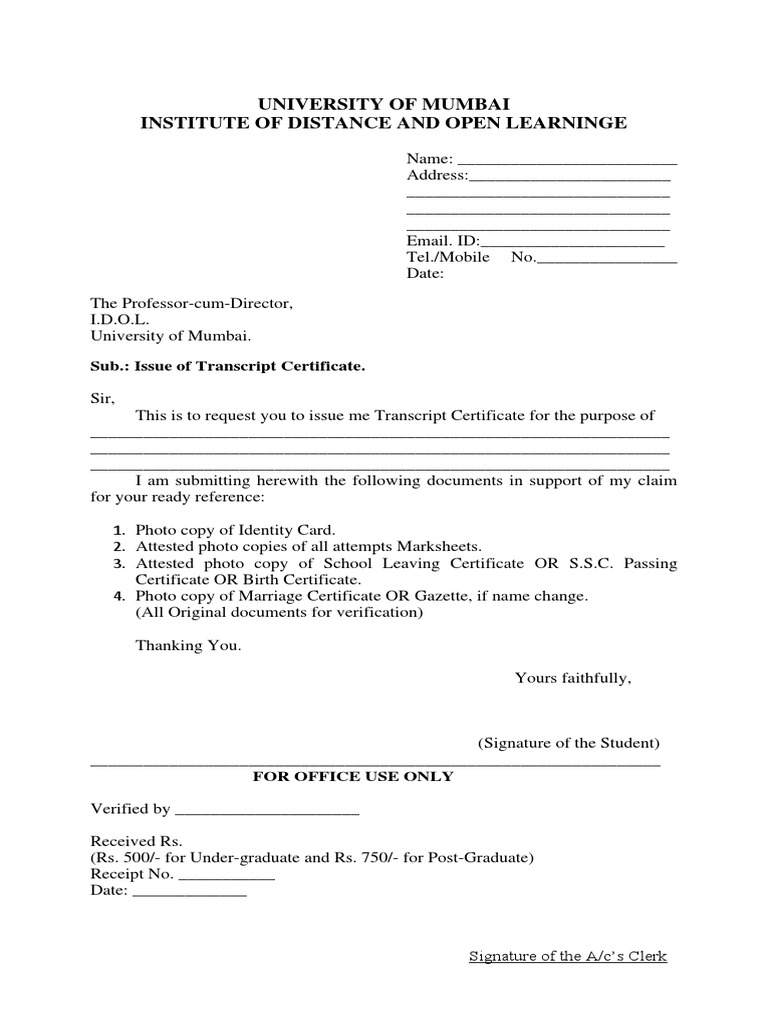 Transcript Format Mumbai University