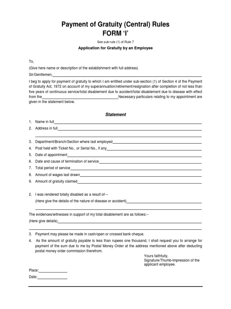 Form I Rule 7 (1) Application of Gratuity by An Employee | PDF