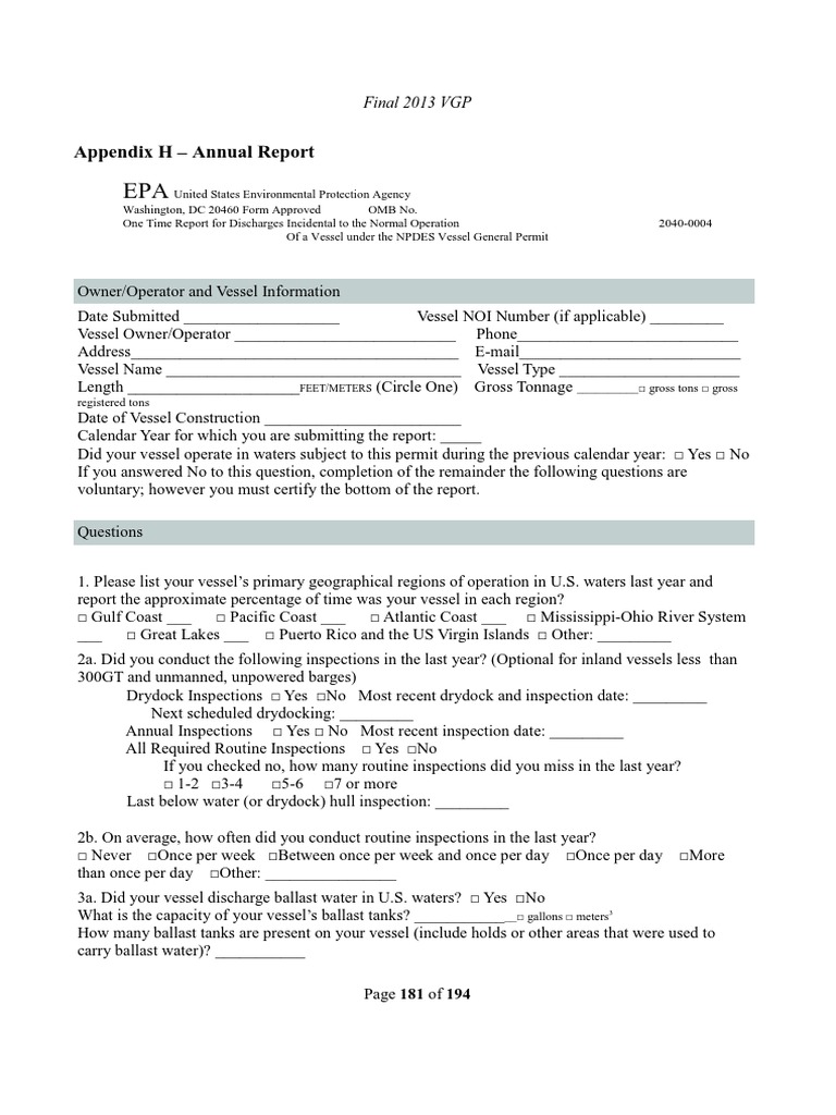 Final 2013 VGP Annual Report: EPA Vessel Discharge Compliance | PDF ...