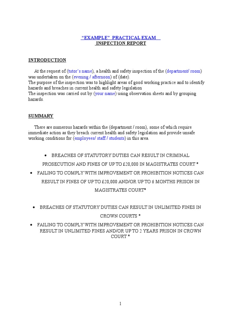 Health and Safety Inspection Report of [Department/Room] Identifying ...