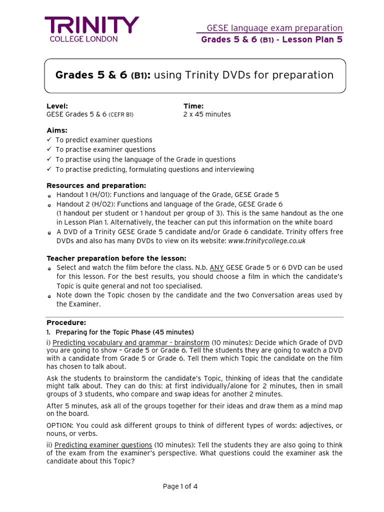 Grades 5 & 6: Using Trinity Dvds For Preparation: Level: Time | PDF ...
