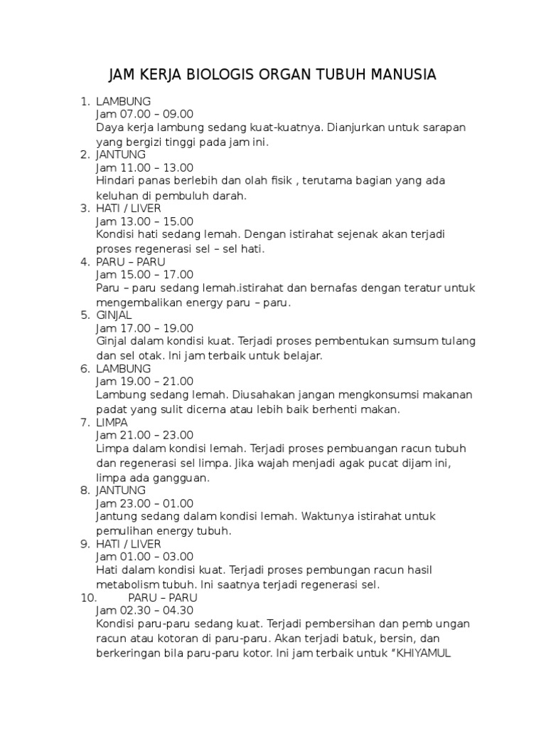 Jam Kerja Biologis Organ Tubuh Manusia | PDF