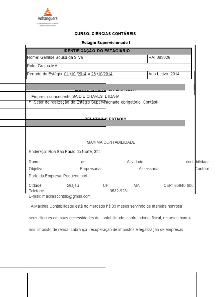 10 RELATORIO de Estágio | Escrituração contábil | Contabilidade