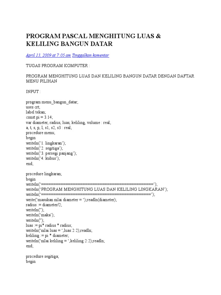 Program Pascal Menghitung Luas | PDF