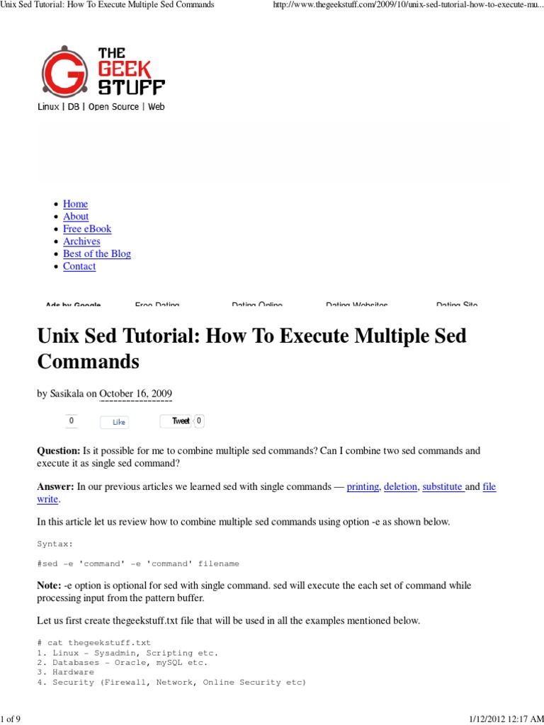 How To Execute Multiple Sed Commands | PDF | Linux | Unix