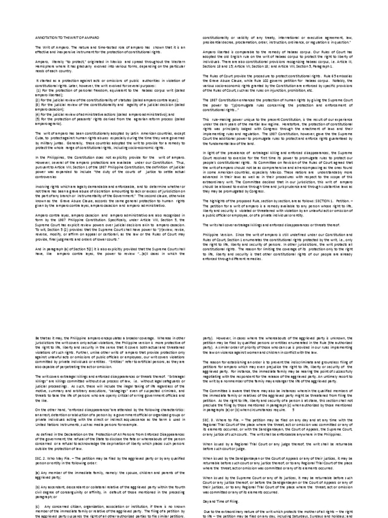 Writ of Amparo (Annotated) | PDF | Habeas Corpus | Contempt Of Court
