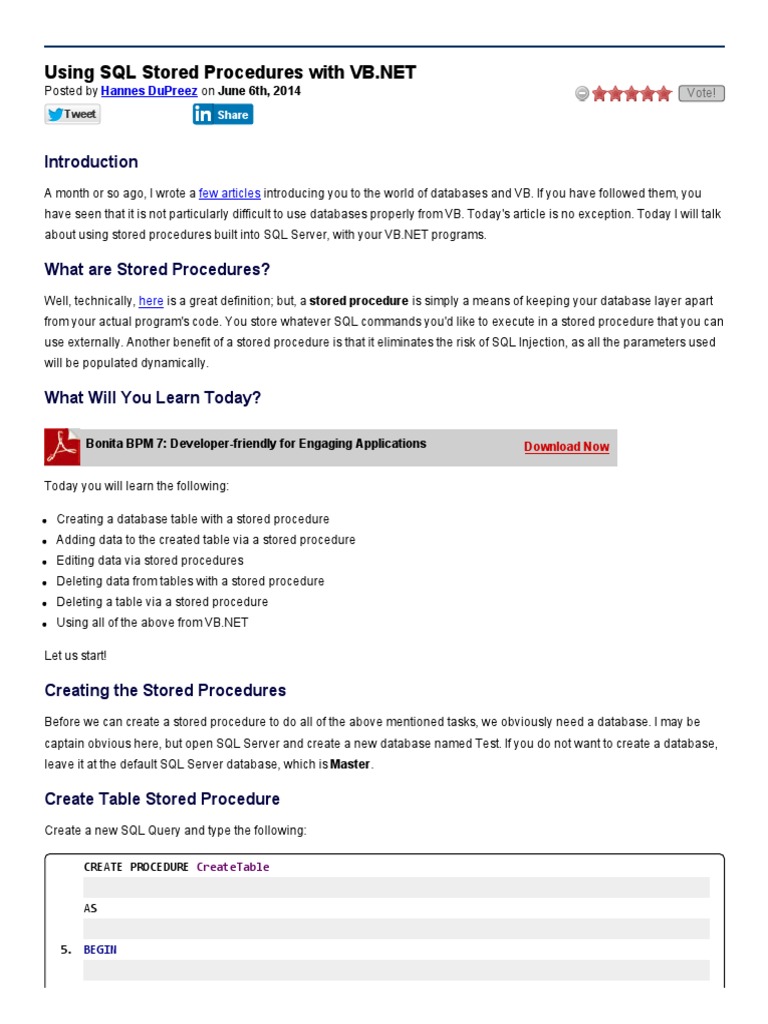 Using Sql Stored Procedures With Vb Pdf Sql Subroutine