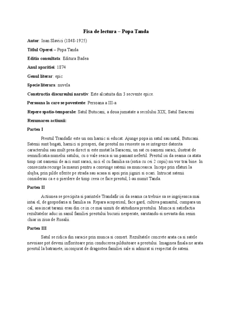 Fisa de Lectura Popa Tanda | PDF