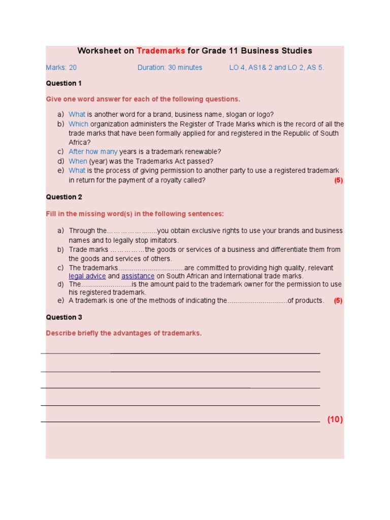 Trademark Worksheet for Grade 11 Business | PDF