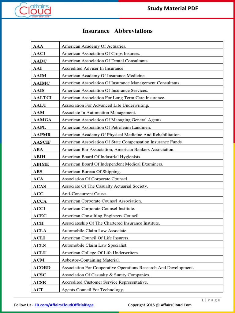 Insurance Abbreviations by Affairs Cloud | PDF | Underwriting | Insurance