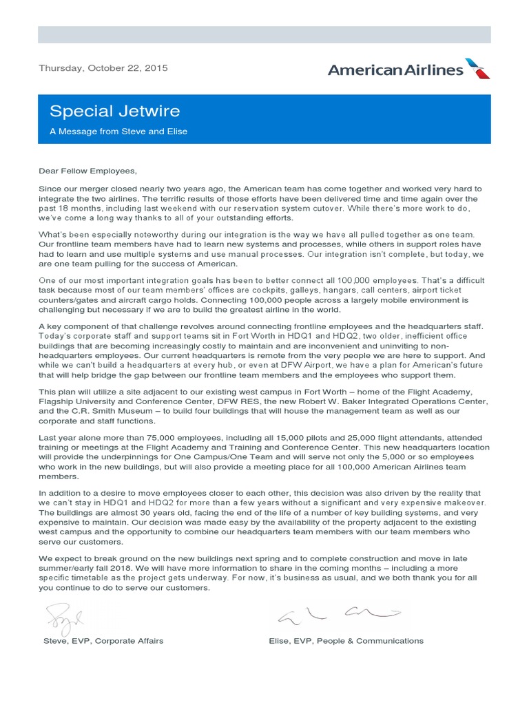 American Airlines Letter To Employees On HQ | American Airlines ...