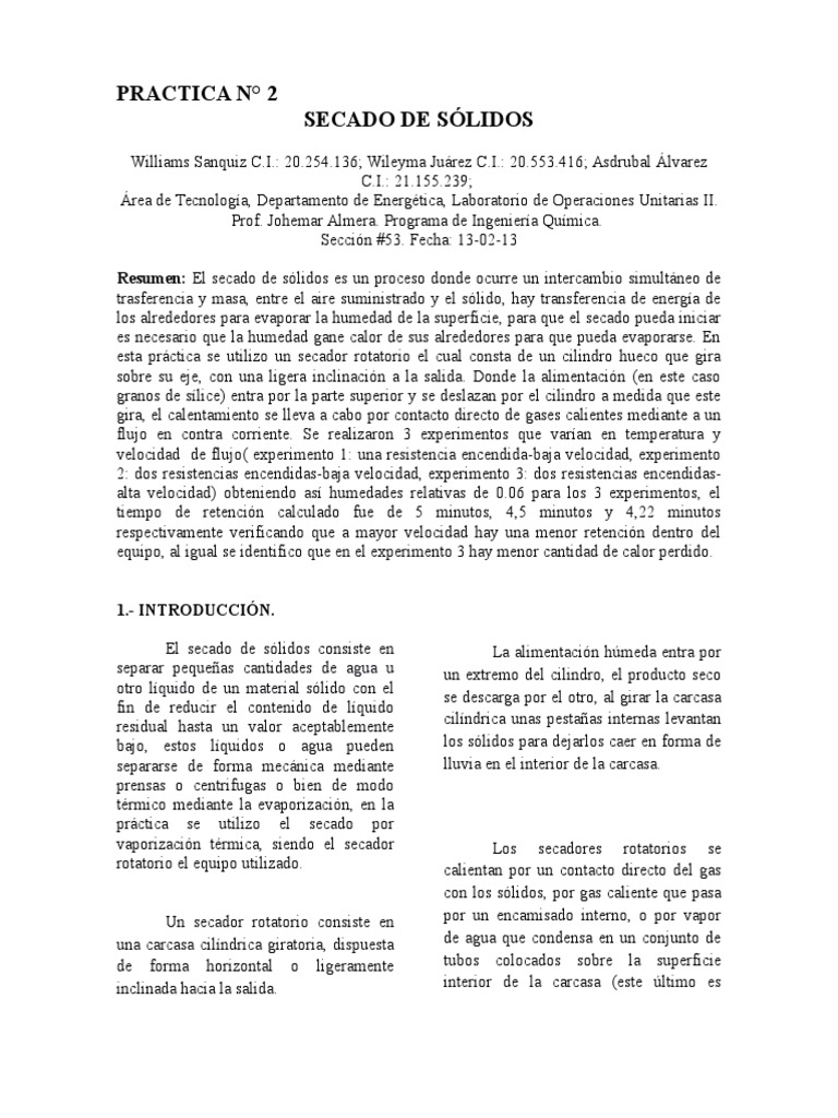 Practica 2 Secado de Solidos Informe | PDF | Termodinámica | Ramas de la termodinámica