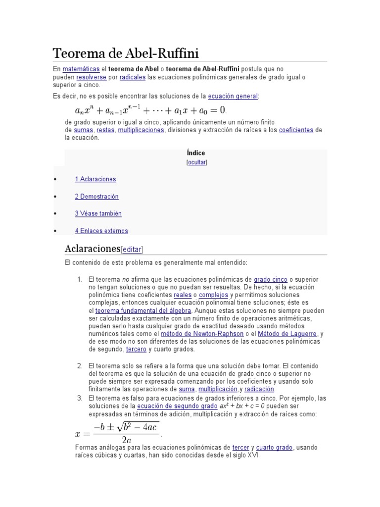 Teorema de Abel-Ruffini: Ecuaciones Polinómicas | PDF | Ecuaciones ...