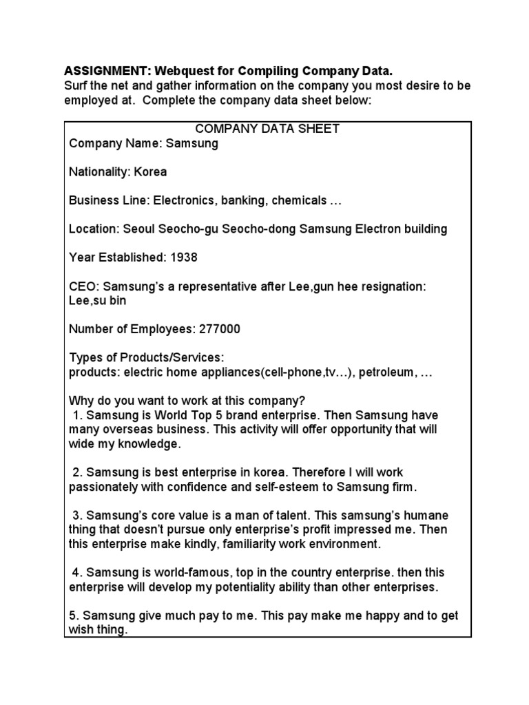 ASSIGNMENT: Webquest For Compiling Company Data | PDF