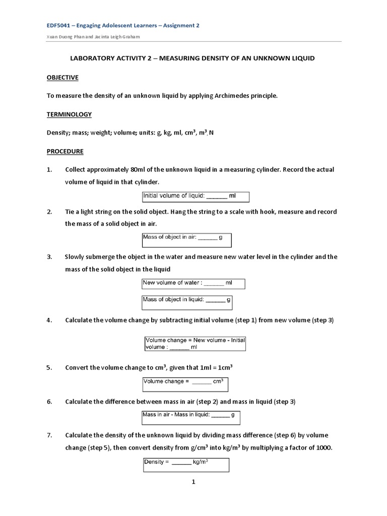 Measuring Density of Unknown Liquid | PDF | Teaching Methods ...