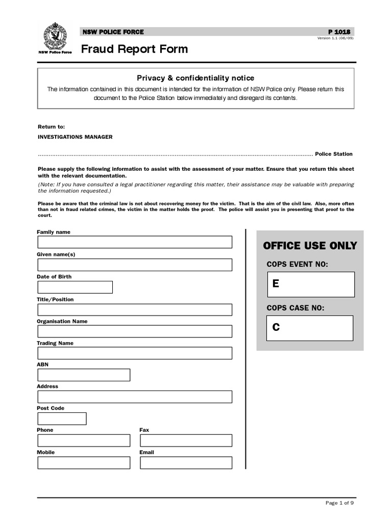 P1018 Fraud Report Form 290609 | Fraud | Police | Free 30-day Trial ...