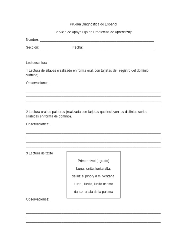 Prueba Diagnóstica de Español | PDF | Sílaba | Lectura (proceso)