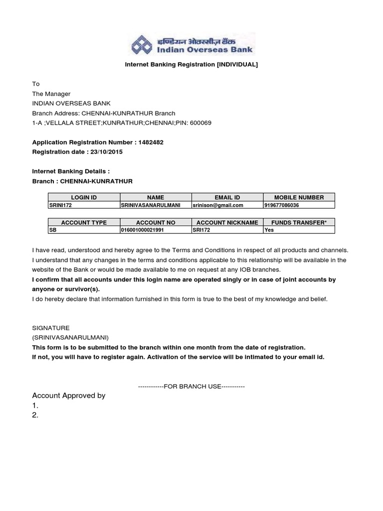 Internet Banking Registration IOB Form | PDF