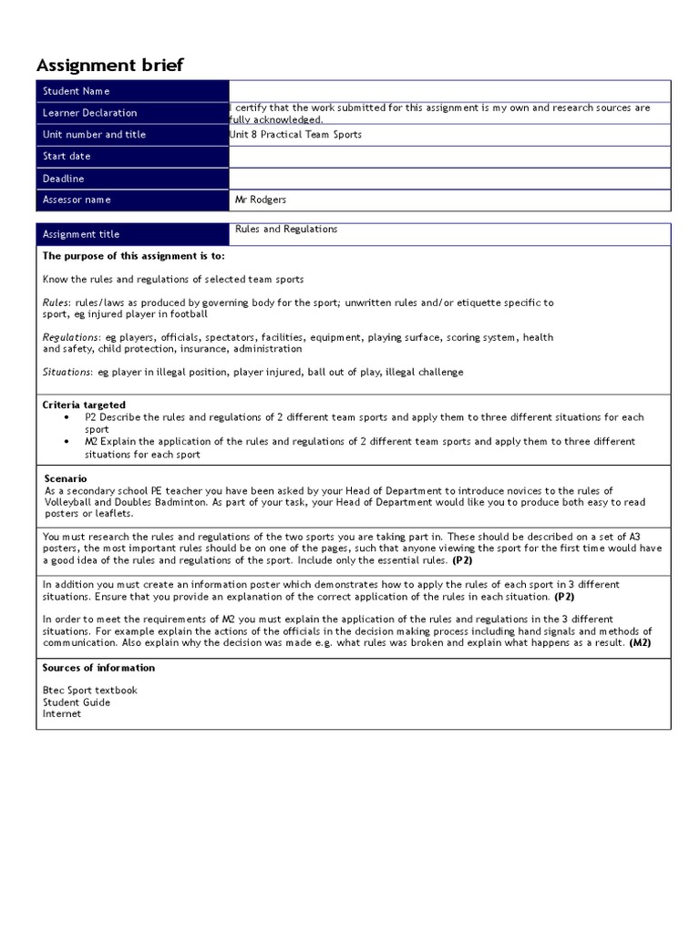 Practical Team Sports Assignment 2 | PDF