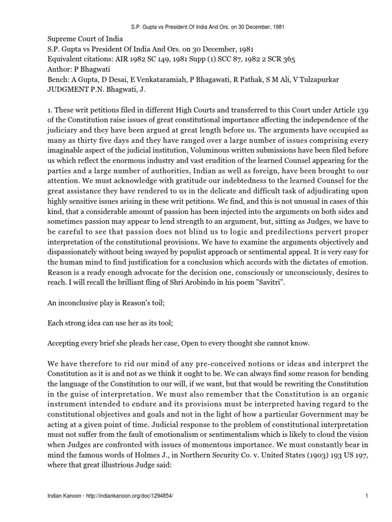 S.P. Gupta Vs President of India and Ors. On 30 December, 1981 | PDF ...