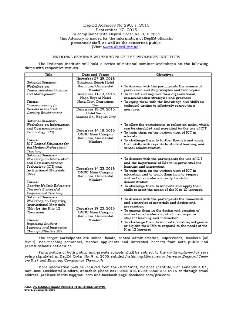 Deped Advisory No 290, S. 2015 September 17, 2015: WWW - Deped.Gov - PH ...