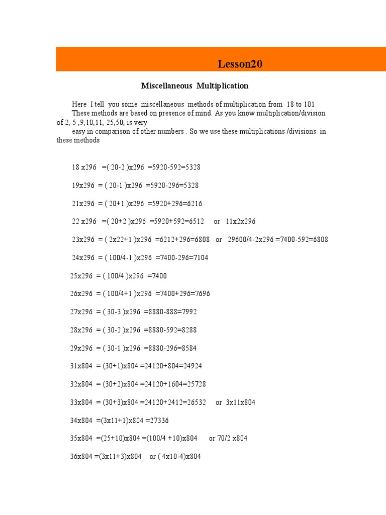 Lesson20: Miscellaneous Multiplication | PDF | Teaching Methods & Materials