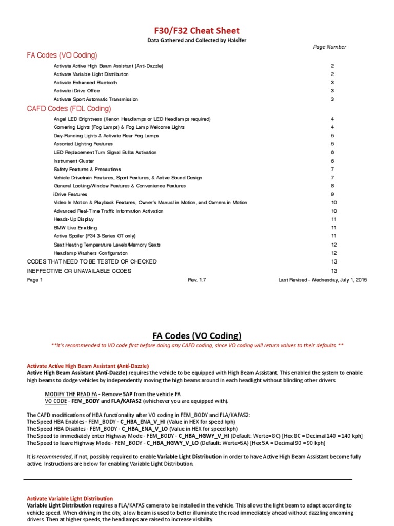 F30 Coding Reference Guide v1.7 | PDF | Headlamp | Codec