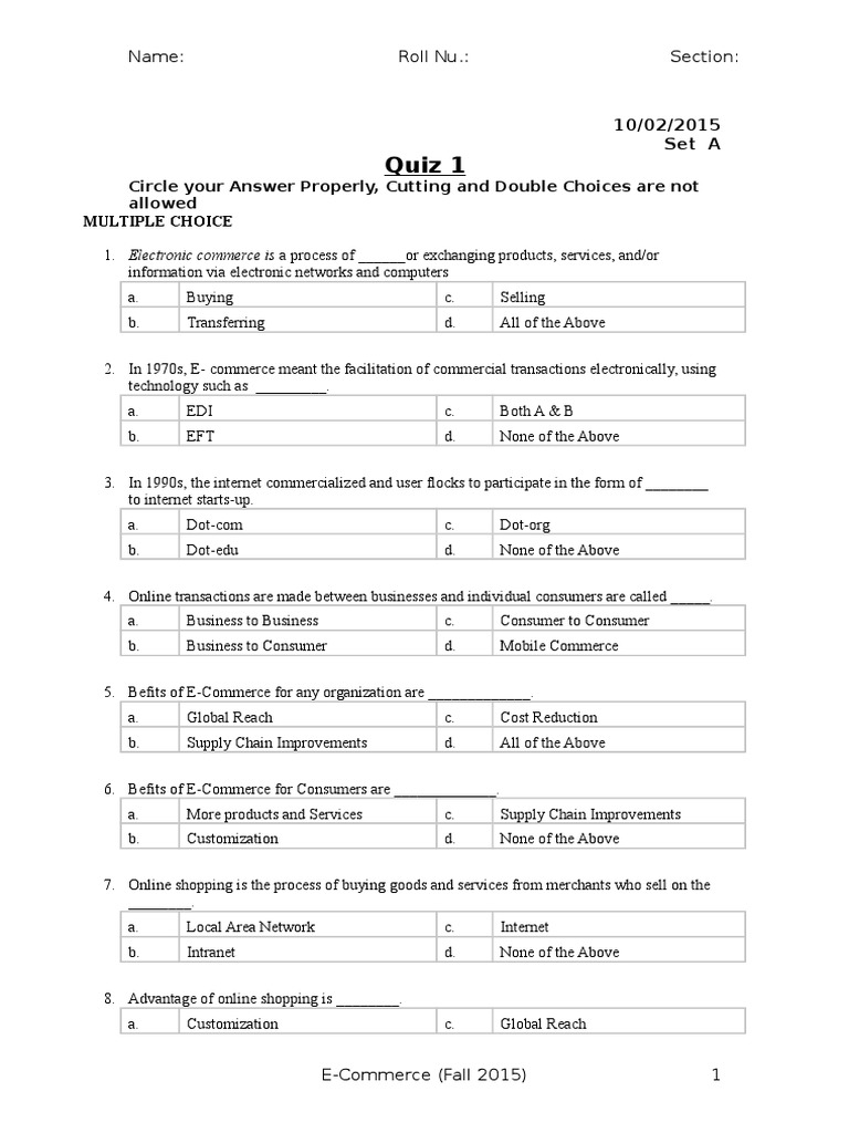 E-Commerce Quiz Questions and Answers | PDF | E Commerce | World Wide Web
