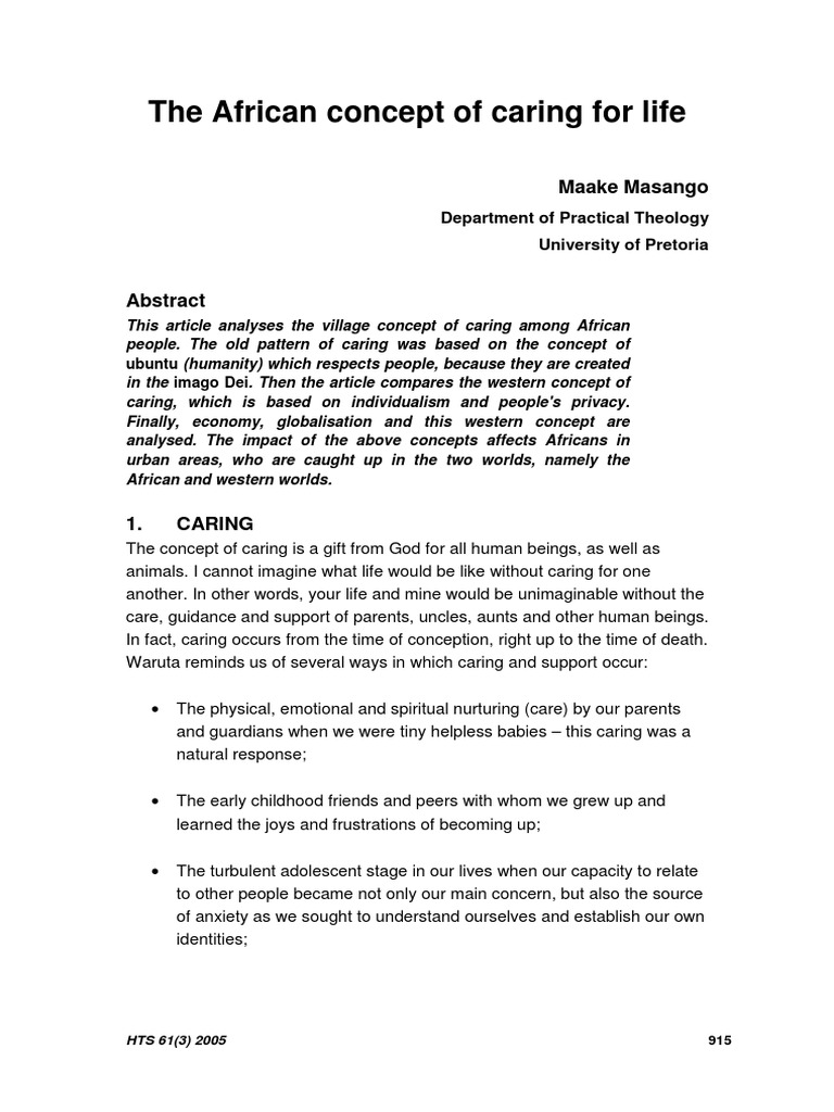 An Analysis of the African Concept of Caring for Life Based on the ...