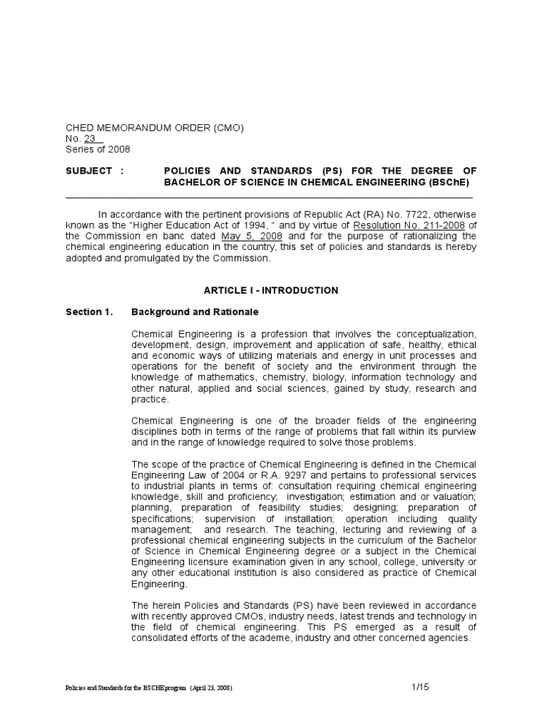 Cmo 23, S. 2008 - Approved Ps For The Bsche | PDF | Chemical Engineering | Engineering