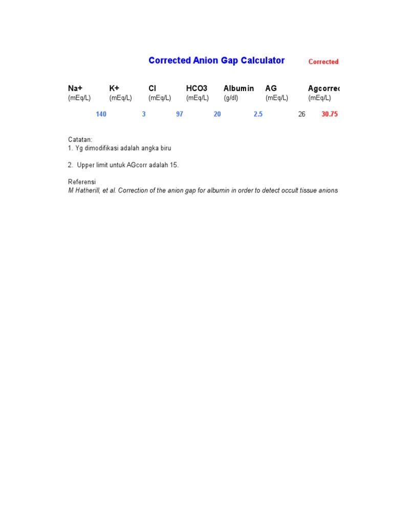 Corrected Anion Gap Calculator: Na+ K+ CL Hco3 Albumin AG Agcorrected | PDF